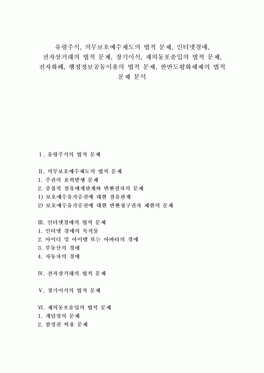 [법적 문제, 유령주식]유령주식, 의무보호예수제도의 법적 문제, 인터넷경매, 전자상거래의 법적 문제, 장기이식, 재외동포출입의 법적 문제, 전자화폐, 행정정보공동이용의 법적 문제, 한반도평화체제의 법적 문제