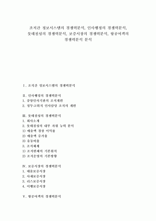 [경쟁력분석, 조직간 정보시스템, 인사행정, 롯데칠성, 보증시장, 항공여객]조직간 정보시스템의 경쟁력분석, 인사행정의 경쟁력분석, 롯데칠성의 경쟁력분석, 보증시장의 경쟁력분석, 항공여객의 경쟁력분석