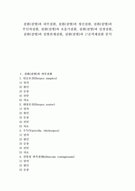 [질환][질병][피부질환]질환(질병)과 피부질환, 질환(질병)과 정신질환, 질환(질병)과 부인과질환, 질환(질병)과 호흡기질환, 질환(질병)과 심장질환, 질환(질병)과 심혈관계질환, 질환(질병)과 근골격계질환 분석