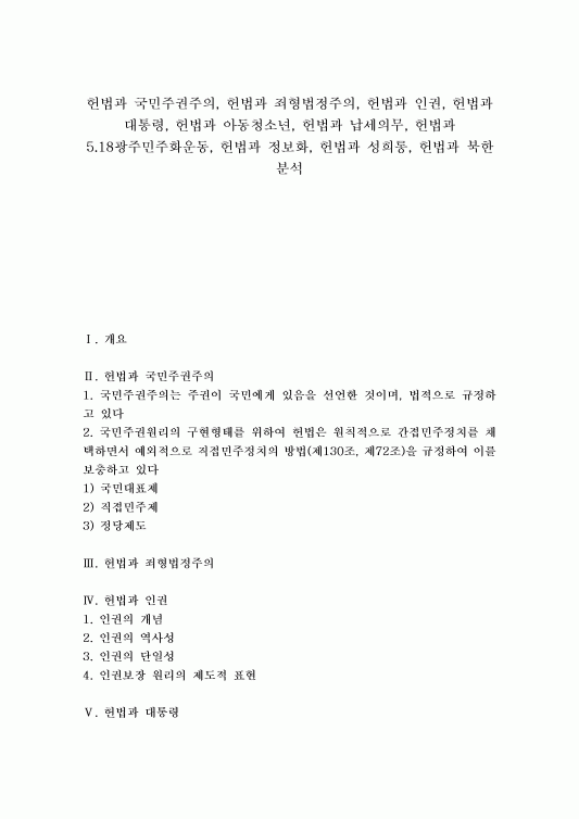 [헌법, 국민주권주의]헌법과 국민주권주의, 헌법과 죄형법정주의, 헌법과 인권, 헌법과 대통령, 헌법과 아동청소년, 헌법과 납세의무, 헌법과 5.18광주민주화운동, 헌법과 정보화, 헌법과 성희롱, 헌법과 북한 분석