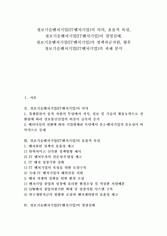 [정보기술벤처기업]정보기술벤처기업(IT벤처기업)의 의의, 효율적 육성, 정보기술벤처기업(IT벤처기업)의 경영실태, 정보기술벤처기업(IT벤처기업)의 정책자금지원, 향후 정보기술벤처기업(IT벤처기업)의 과제 분석