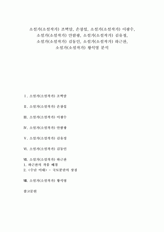 [소설가]소설가(소설작가) 조벽암, 손창섭, 소설가(소설작가) 이광수, 소설가(소설작가) 안함광, 소설가(소설작가) 김유정, 소설가(소설작가) 김동인, 소설가(소설작가) 하근찬, 소설가(소설작가) 황석영 분석
