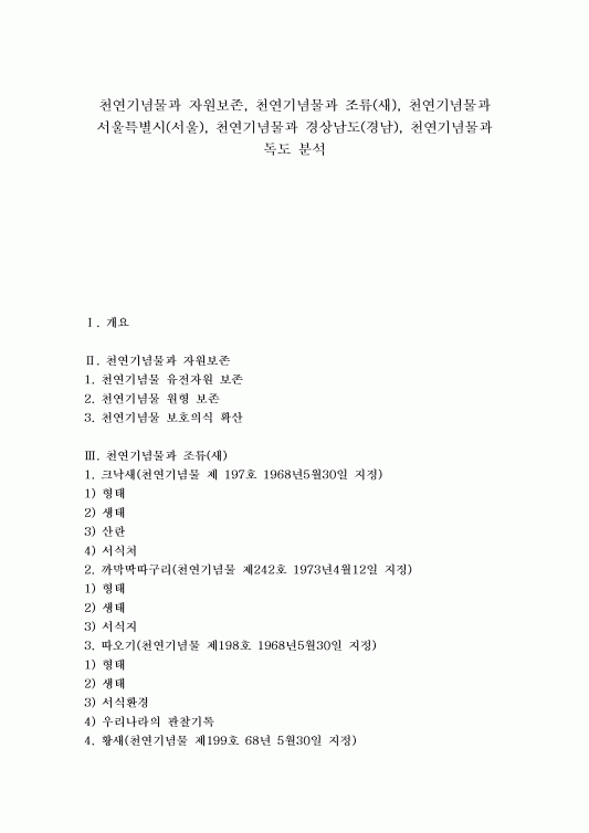 [천연기념물, 자원보존, 조류(새), 서울특별시(서울), 경상남도(경남), 독도]천연기념물과 자원보존, 천연기념물과 조류(새), 천연기념물과 서울특별시(서울), 천연기념물과 경상남도(경남), 천연기념물과 독도 분석