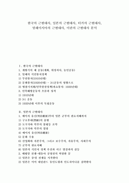 [근현대사, 한국 근현대사, 일본 근현대사, 터키 근현대사, 말레이시아 근현대사, 이란 근현대사, 한국, 일본]한국의 근현대사, 일본의 근현대사, 터키의 근현대사, 말레이시아의 근현대사, 이란의 근현대사 분석
