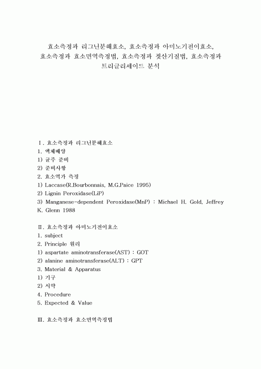 [효소측정, 리그닌분해효소, 아미노기전이효소, 효소면역측정법]효소측정과 리그닌분해효소, 효소측정과 아미노기전이효소, 효소측정과 효소면역측정법, 효소측정과 젖산기질법, 효소측정과 트리글리세이드 분석