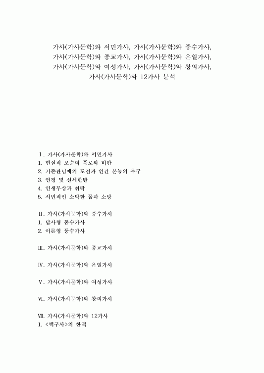 가사(가사문학)와 서민가사, 가사(가사문학)와 풍수가사, 가사(가사문학)와 종교가사, 가사(가사문학)와 은일가사, 가사(가사문학)와 여성가사, 가사(가사문학)와 창의가사, 가사(가사문학)와 12가사 분석