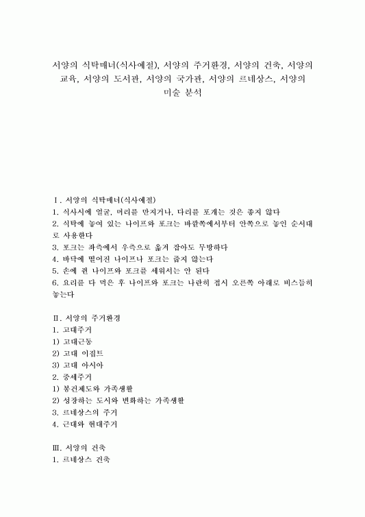 [서양, 식탁매너(식사예절), 주거환경, 건축, 교육, 도서관, 국가관]서양의 식탁매너(식사예절), 서양의 주거환경, 서양의 건축, 서양의 교육, 서양의 도서관, 서양의 국가관, 서양의 르네상스, 서양의 미술 분석