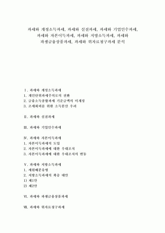 [과세, 개정소득과세, 실질과세, 기업인수과세]과세와 개정소득과세, 과세와 실질과세, 과세와 기업인수과세, 과세와 자본이득과세, 과세와 지방소득과세, 과세와 파생금융상품과세, 과세와 위자료청구과세 분석