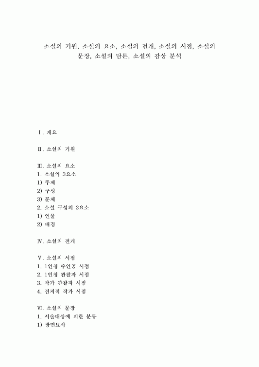 [소설, 소설 기원, 소설 요소, 소설 전개, 소설 시점, 소설 문장, 소설 담론, 소설 감상]소설의 기원, 소설의 요소, 소설의 전개, 소설의 시점, 소설의 문장, 소설의 담론, 소설의 감상(소설, 소설 기원, 소설 요소)