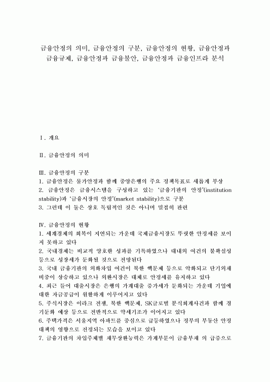 [금융안정, 금융안정 의미, 금융안정 구분, 금융규제, 금융불안, 금융인프라]금융안정의 의미, 금융안정의 구분, 금융안정의 현황, 금융안정과 금융규제, 금융안정과 금융불안, 금융안정과 금융인프라 분석