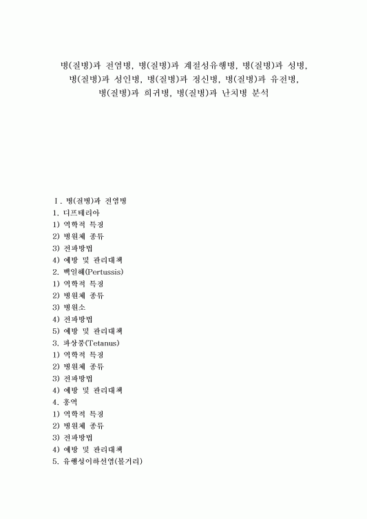 [병(질병), 전염병, 계절성유행병, 성병, 성인병]병(질병)과 전염병, 병(질병)과 계절성유행병, 병(질병)과 성병, 병(질병)과 성인병, 병(질병)과 정신병, 병(질병)과 유전병, 병(질병)과 희귀병, 병(질병)과 난치병