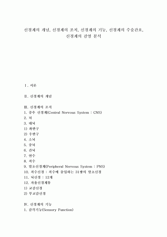 [신경계, 신경계 개념, 신경계 조직, 신경계 기능, 신경계 수술간호, 신경계 감염]신경계의 개념, 신경계의 조직, 신경계의 기능, 신경계의 수술간호, 신경계의 감염 분석(신경계, 신경계 수술간호, 신경계 감염)