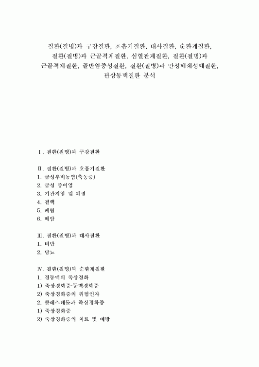 [질환(질병)]질환(질병)과 구강질환, 호흡기질환, 대사질환, 순환계질환, 질환(질병)과 근골격계질환, 심혈관계질환, 질환(질병)과 근골격계질환, 골반염증성질환, 질환(질병)과 만성폐쇄성폐질환, 관상동맥질환