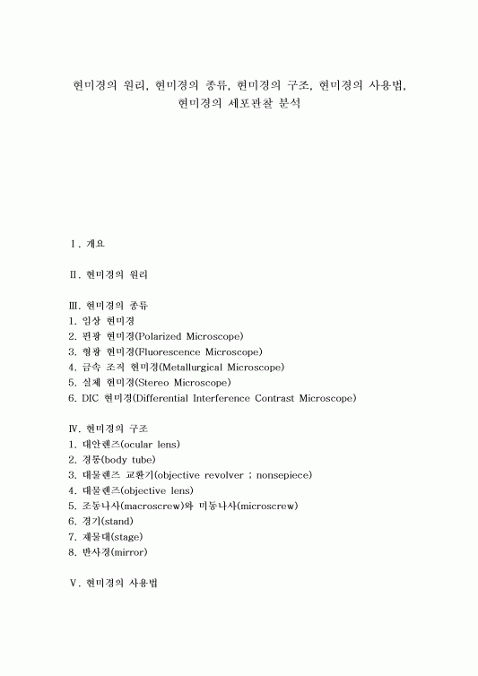 [현미경, 현미경 원리, 현미경 종류, 현미경 구조, 현미경 사용법, 현미경 세포관찰]현미경의 원리, 현미경의 종류, 현미경의 구조, 현미경의 사용법, 현미경의 세포관찰 분석(현미경, 현미경 원리, 현미경 종류)