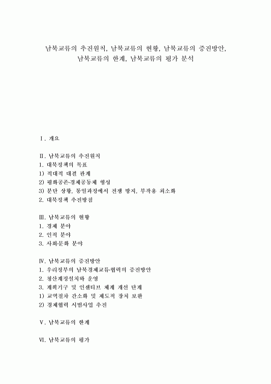 [남북교류, 남북교류 추진원칙, 남북교류 현황, 남북교류 증진방안, 남북교류 한계, 남북교류 평가]남북교류의 추진원칙, 남북교류의 현황, 남북교류의 증진방안, 남북교류의 한계, 남북교류의 평가 분석