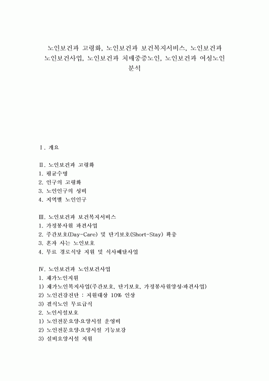 [노인보건, 고령화, 보건복지서비스, 노인보건사업, 치매중증노인, 여성노인]노인보건과 고령화, 노인보건과 보건복지서비스, 노인보건과 노인보건사업, 노인보건과 치매중증노인, 노인보건과 여성노인 분석