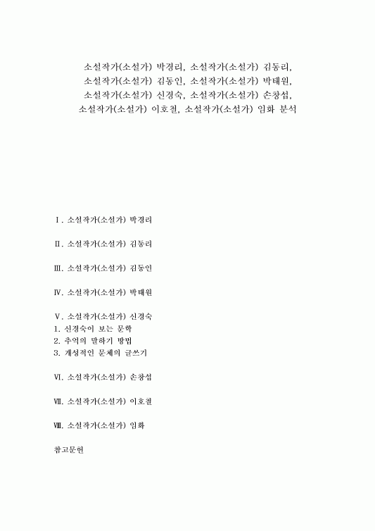 소설작가(소설가) 박경리, 소설작가(소설가) 김동리, 소설작가(소설가) 김동인, 소설작가(소설가) 박태원, 소설작가(소설가) 신경숙, 소설작가(소설가) 손창섭, 소설작가(소설가) 이호철, 소설작가(소설가) 임화