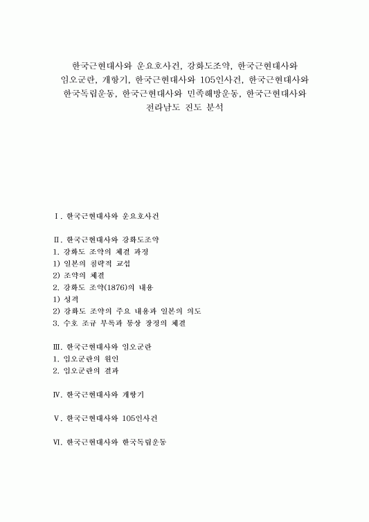 [한국근현대사]한국근현대사와 운요호사건, 강화도조약, 한국근현대사와 임오군란, 개항기, 한국근현대사와 105인사건, 한국근현대사와 한국독립운동, 한국근현대사와 민족해방운동, 한국근현대사와 전라남도 진도