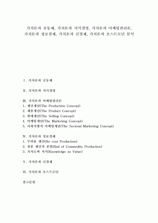 [가치론, 가치론과 공동체, 지식경영, 마케팅관리론, 정보경제, 신경제, 포스트모던]가치론과 공동체, 가치론과 지식경영, 가치론과 마케팅관리론, 가치론과 정보경제, 가치론과 신경제, 가치론과 포스트모던 분석