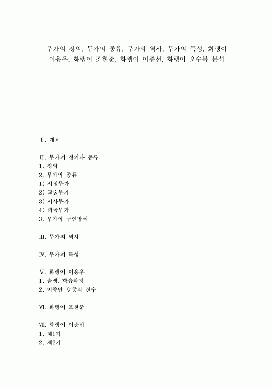 [무가, 화랭이, 화랭이 이용우, 화랭이 조한춘, 화랭이 이충선, 화랭이 오수복, 이용우]무가의 정의, 무가의 종류, 무가의 역사, 무가의 특성, 화랭이 이용우, 화랭이 조한춘, 화랭이 이충선, 화랭이 오수복 분석