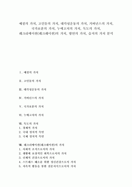 [가치, 예절, 고인돌, 대각성운동]예절의 가치, 고인돌의 가치, 대각성운동의 가치, 거버넌스의 가치, 국가보훈의 가치, 누에고치의 가치, 독도의 가치, 레크리에이션(레크레이션)의 가치, 방언의 가치, 습지의 가치