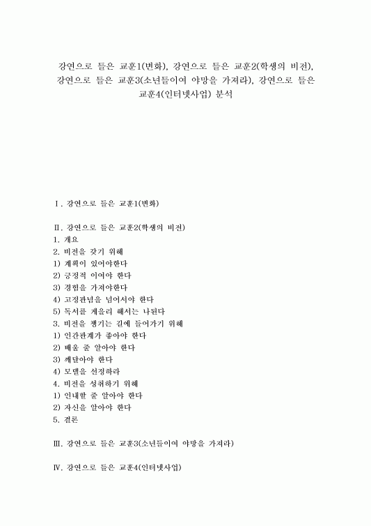 [강연으로 들은 교훈, 학생의 비전, 소년들이여 야망을 가져라]강연으로 들은 교훈1(변화), 강연으로 들은 교훈2(학생의 비전), 강연으로 들은 교훈3(소년들이여 야망을 가져라), 강연으로 들은 교훈4(인터넷사업)