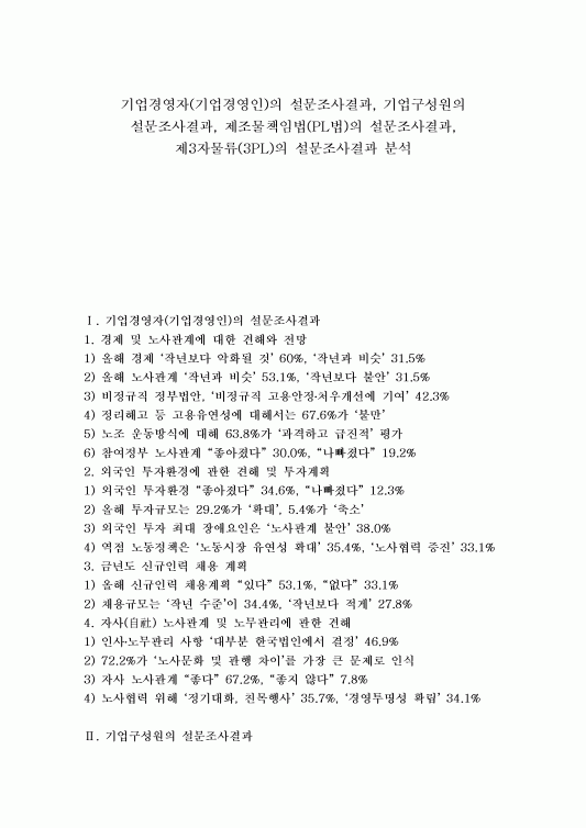 [설문조사결과, 기업경영자(기업경영인), 기업구성원, 제3자물류]기업경영자(기업경영인)의 설문조사결과, 기업구성원의 설문조사결과, 제조물책임법(PL법)의 설문조사결과, 제3자물류(3PL)의 설문조사결과 분석