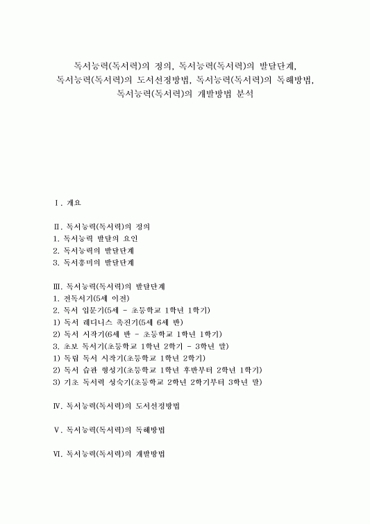 [독서능력(독서력), 도서선정방법, 독해방법, 개발방법]독서능력(독서력)의 정의, 독서능력(독서력)의 발달단계, 독서능력(독서력)의 도서선정방법, 독서능력(독서력)의 독해방법, 독서능력(독서력)의 개발방법 분석