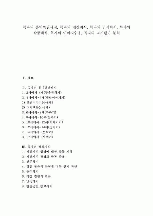 [독자, 흥미발달과정, 배경지식, 인식차이, 작품해석, 이미지수용, 자기평가]독자의 흥미발달과정, 독자의 배경지식, 독자의 인식차이, 독자의 작품해석, 독자의 이미지수용, 독자의 자기평가 분석(독자, 배경지식)