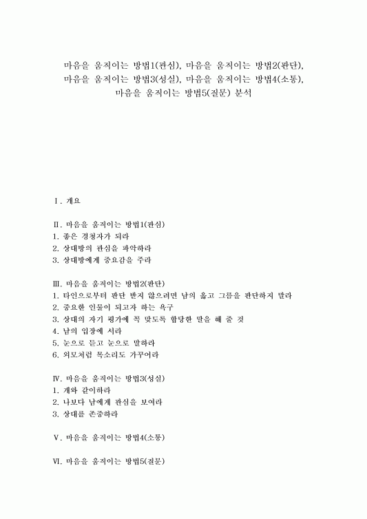 [마음을 움직이는 방법, 관심, 판단, 성실, 소통, 질문]마음을 움직이는 방법1(관심), 마음을 움직이는 방법2(판단), 마음을 움직이는 방법3(성실), 마음을 움직이는 방법4(소통), 마음을 움직이는 방법5(질문) 분석