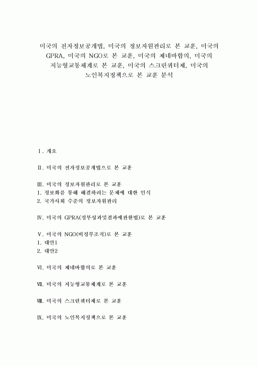 미국의 전자정보공개법, 미국의 정보자원관리로 본 교훈, 미국의 GPRA, 미국의 NGO로 본 교훈, 미국의 제네바합의, 미국의 지능형교통체계로 본 교훈, 미국의 스크린쿼터제, 미국의 노인복지정책으로 본 교훈 분석