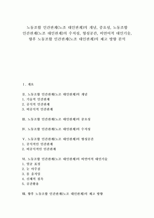 [노동조합 인간관계, 대인관계]노동조합 인간관계(노조 대인관계)의 개념, 중요성, 노동조합 인간관계(노조 대인관계)의 수직성, 형성공간, 비언어적 대인기술, 향후 노동조합 인간관계(노조 대인관계)의 제고 방향