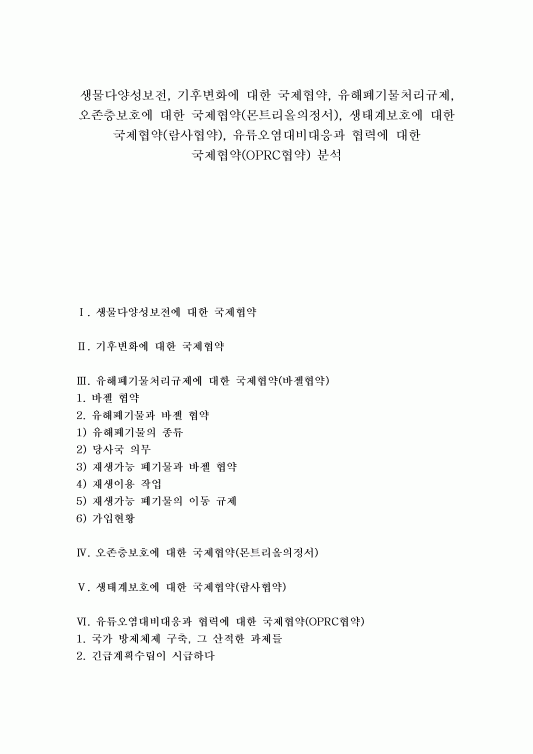 생물다양성보전, 기후변화에 대한 국제협약, 유해폐기물처리규제, 오존층보호에 대한 국제협약(몬트리올의정서), 생태계보호에 대한 국제협약(람사협약), 유류오염대비대응과 협력에 대한 국제협약(OPRC협약) 분석