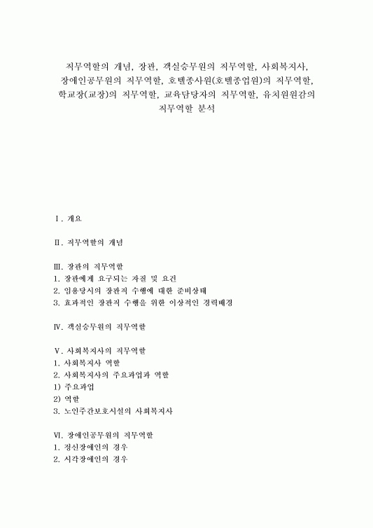 [직무역할]직무역할의 개념, 장관, 객실승무원의 직무역할, 사회복지사, 장애인공무원의 직무역할, 호텔종사원(호텔종업원)의 직무역할, 학교장(교장)의 직무역할, 교육담당자의 직무역할, 유치원원감 직무역할 분석