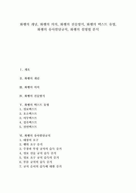 [화행, 화행 개념, 화행 의의, 화행 진술방식, 화행 텍스트 유형, 화행 유아발달규칙, 화행 설명법]화행의 개념, 화행의 의의, 화행의 진술방식, 화행의 텍스트 유형, 화행의 유아발달규칙, 화행의 설명법 분석