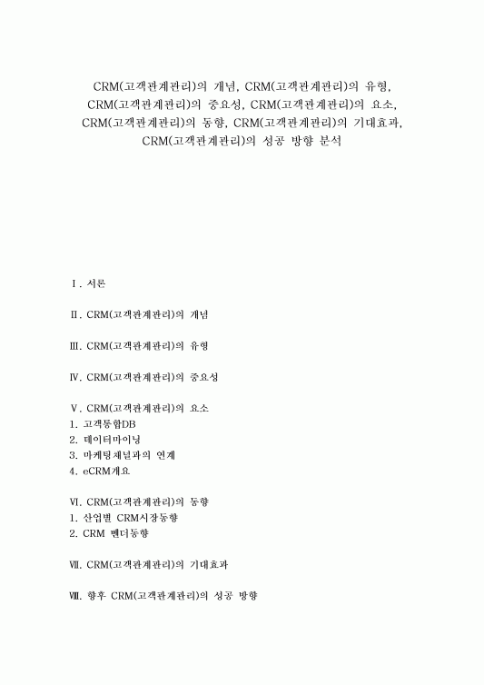 CRM(고객관계관리)의 개념, CRM(고객관계관리)의 유형, CRM(고객관계관리)의 중요성, CRM(고객관계관리)의 요소, CRM(고객관계관리)의 동향, CRM(고객관계관리)의 기대효과, CRM(고객관계관리) 성공 방향