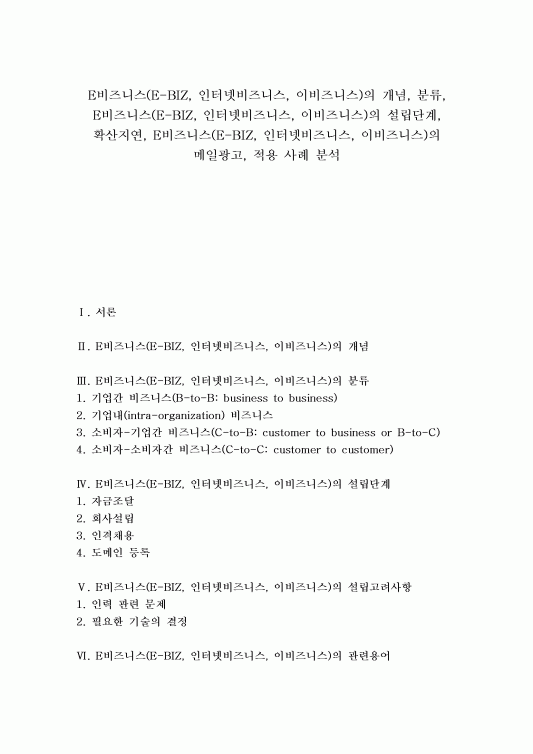 E비즈니스(E-BIZ, 인터넷비즈니스, 이비즈니스)의 개념, 분류, E비즈니스(E-BIZ, 인터넷비즈니스, 이비즈니스)의 설립단계, 확산지연, E비즈니스(E-BIZ, 인터넷비즈니스, 이비즈니스)의 메일광고, 적용 사례 분석