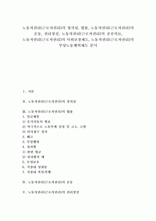 노동자권리(근로자권리)의 정치성, 법률, 노동자권리(근로자권리)의 운동, 권리장전, 노동자권리(근로자권리)의 공공의료, 노동자권리(근로자권리)의 사회보장제도, 노동자권리(근로자권리)의 부당노동행위제도 분석