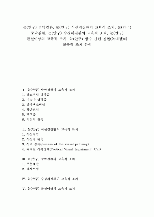 [눈(안구)]눈(안구) 망막질환, 눈(안구) 시신경질환의 교육적 조치, 눈(안구) 중막질환, 눈(안구) 수정체질환의 교육적 조치, 눈(안구) 굴절이상의 교육적 조치, 눈(안구) 방수 관련 질환(녹내장)의 교육적 조치