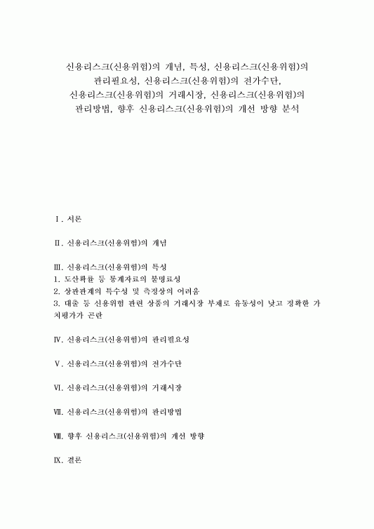 신용리스크(신용위험)의 개념, 특성, 신용리스크(신용위험)의 관리필요성, 신용리스크(신용위험)의 전가수단, 신용리스크(신용위험) 거래시장, 신용리스크(신용위험) 관리방법, 향후 신용리스크(신용위험) 개선 방향