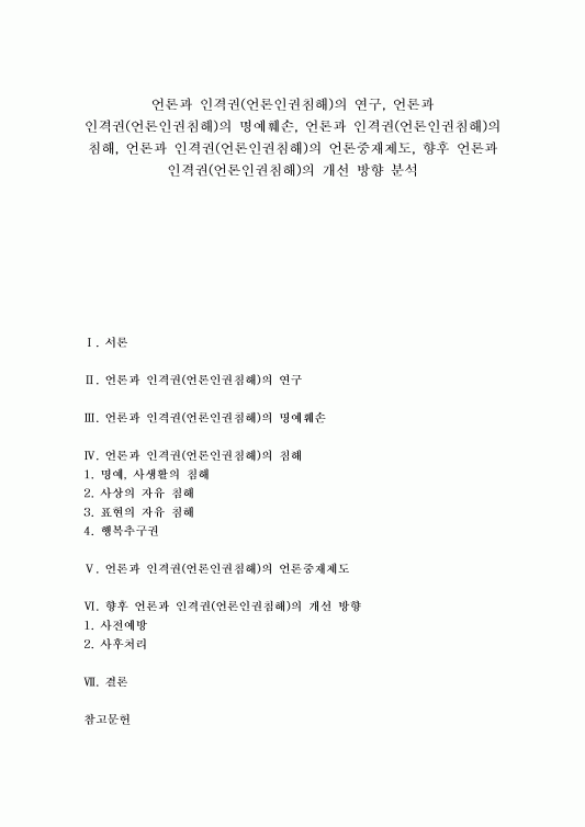 언론과 인격권(언론인권침해)의 연구, 언론과 인격권(언론인권침해)의 명예훼손, 언론과 인격권(언론인권침해)의 침해, 언론과 인격권(언론인권침해)의 언론중재제도, 향후 언론과 인격권(언론인권침해)의 개선 방향