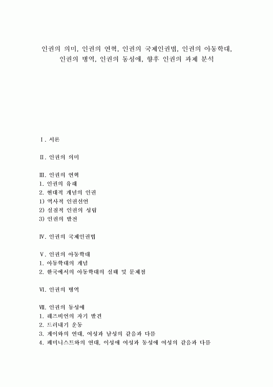 [인권, 인권 의미, 인권 연혁, 인권 국제인권법, 인권 아동학대, 인권 병역, 인권 동성애]인권의 의미, 인권의 연혁, 인권의 국제인권법, 인권의 아동학대, 인권의 병역, 인권의 동성애,향후 인권의 과제 분석(인권)