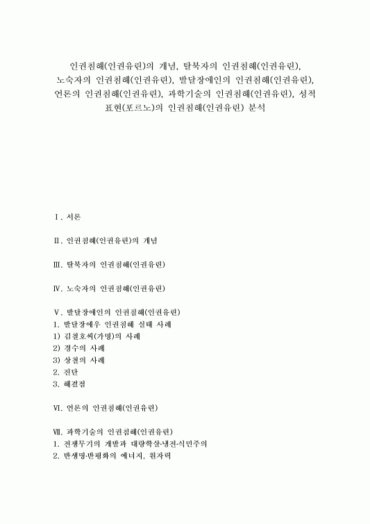 인권침해(인권유린) 개념, 탈북자 인권침해(인권유린), 노숙자 인권침해(인권유린), 발달장애인 인권침해(인권유린), 언론 인권침해(인권유린), 과학기술 인권침해(인권유린), 성적 표현(포르노) 인권침해(인권유린)