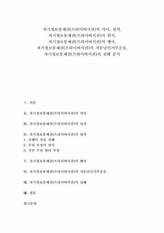 자기정보통제권(프라이버시권)의 의미, 성격, 자기정보통제권(프라이버시권)의 원칙, 자기정보통제권(프라이버시권)의 행사, 자기정보통제권(프라이버시권)의 지문날인거부운동, 자기정보통제권(프라이버시권) 침해