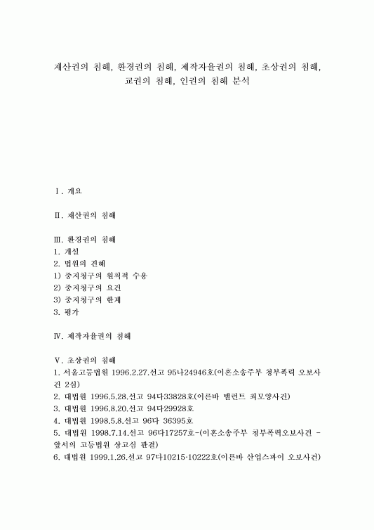 [침해, 재산권 침해, 환경권 침해, 제작자율권 침해, 초상권 침해, 교권 침해, 인권 침해, 재산권, 환경권]재산권의 침해, 환경권의 침해, 제작자율권의 침해, 초상권의 침해, 교권의 침해, 인권의 침해 분석