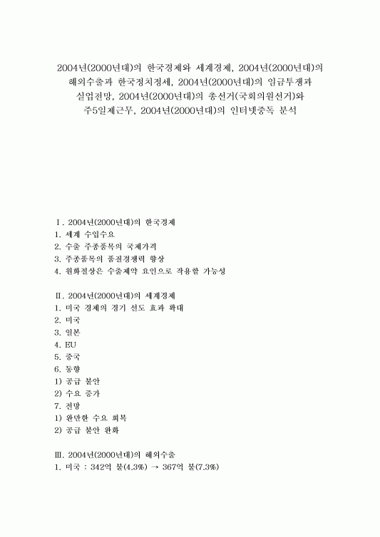2004년(2000년대) 한국경제와 세계경제, 2004년(2000년대) 해외수출과 한국정치정세, 2004년(2000년대) 임금투쟁과 실업전망, 2004년(2000년대) 총선거(국회의원선거)와 주5일제근무, 2004년(2000년대) 인터넷중독