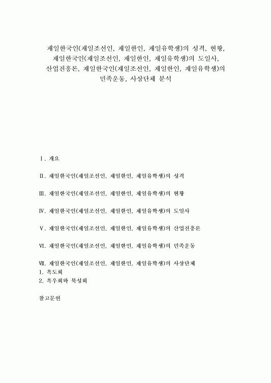[재일]재일한국인(재일조선인, 재일한인, 재일유학생)의 성격, 현황, 재일한국인(재일조선인, 재일한인, 재일유학생)의 도일사, 산업진흥론, 재일한국인(재일조선인, 재일한인, 재일유학생)의 민족운동, 사상단체