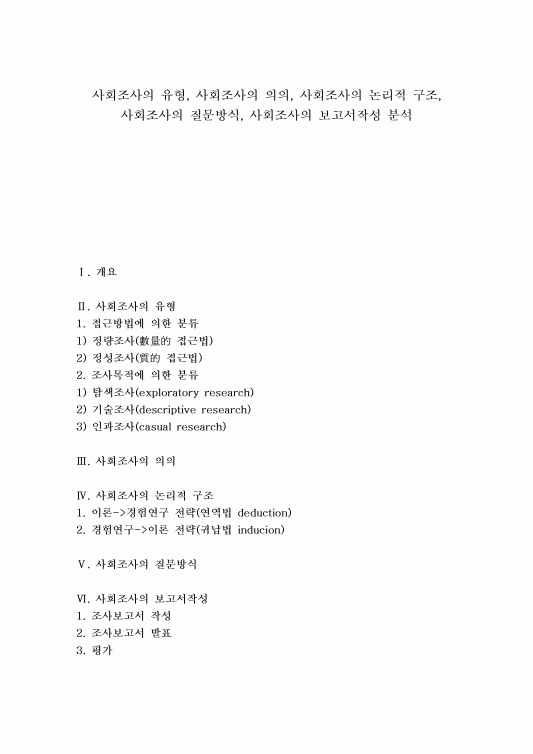 [사회조사][사회][조사][사회조사 유형][사회조사 의의][사회조사 논리적 구조][사회조사 질문방식]사회조사의 유형, 사회조사의 의의, 사회조사의 논리적 구조, 사회조사의 질문방식, 사회조사의 보고서작성 분석