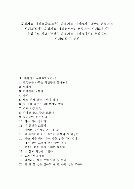 [훈화자료 사례]훈화자료 사례1(학교교육), 훈화자료 사례2(자기계발), 훈화자료 사례3(독서), 훈화자료 사례4(성실), 훈화자료 사례5(용기), 훈화자료 사례6(약속), 훈화자료 사례7(환경), 훈화자료 사례8(독도)