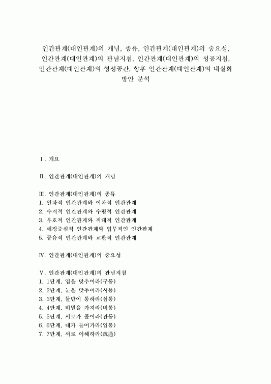 [인간관계]인간관계(대인관계)의 개념, 종류, 인간관계(대인관계)의 중요성, 인간관계(대인관계)의 관념지침, 인간관계(대인관계)의 성공지침, 인간관계(대인관계)의 형성공간, 향후 인간관계(대인관계) 내실화 방안